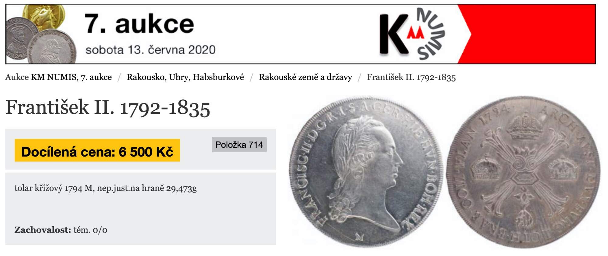 František II. - Tolar křížový 1794 M - VZÁCNÝ ročník a mincovna ! ! ! | Aukro