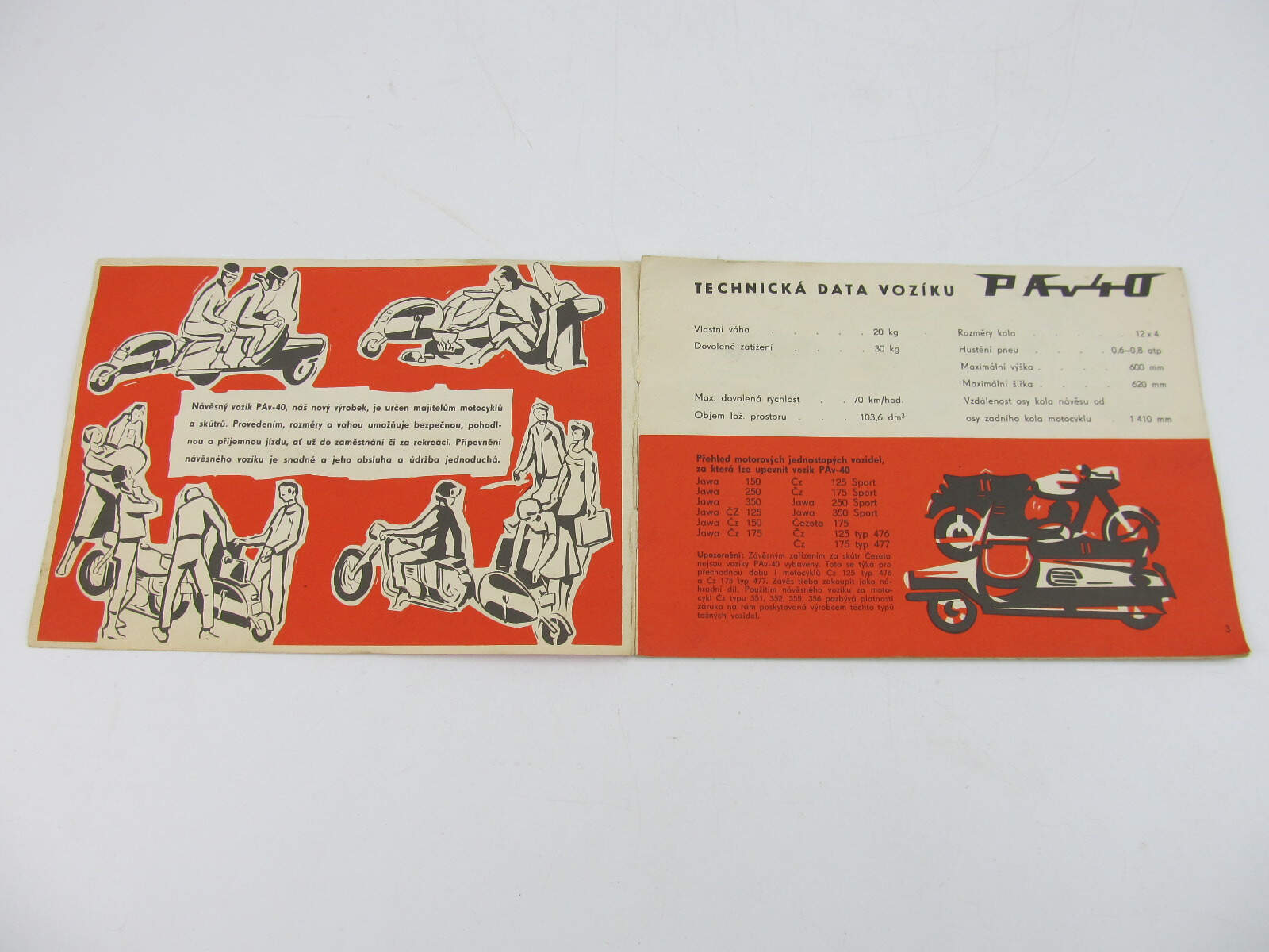 PAV 40 - NÁVĚSNÝ VOZÍK pro motocykly a skútry - Jawa ČZ Čezeta NÁVOD | Aukro